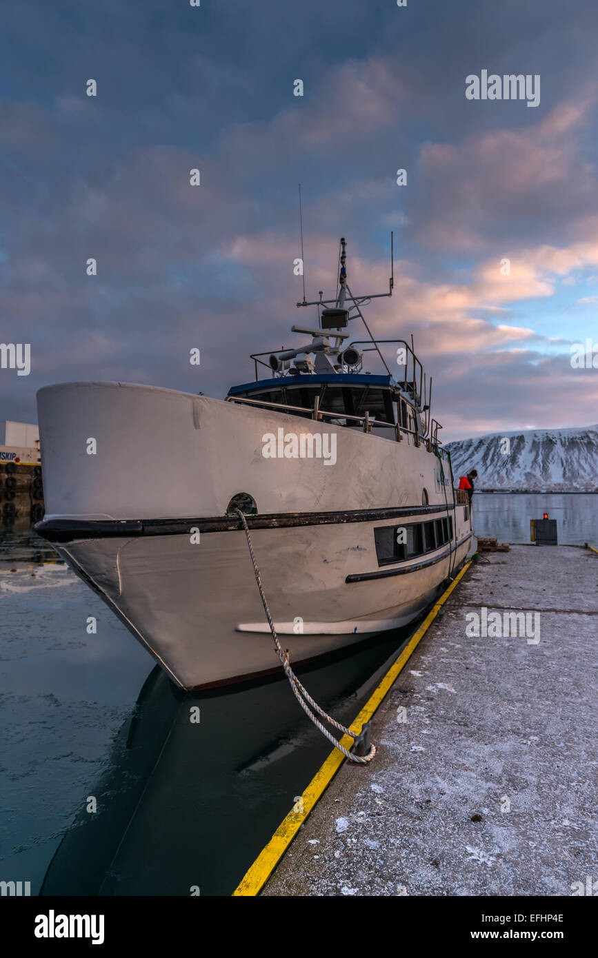 Sunrise at Grundarfjorour ,depicting a white tour boat and harbour view ...