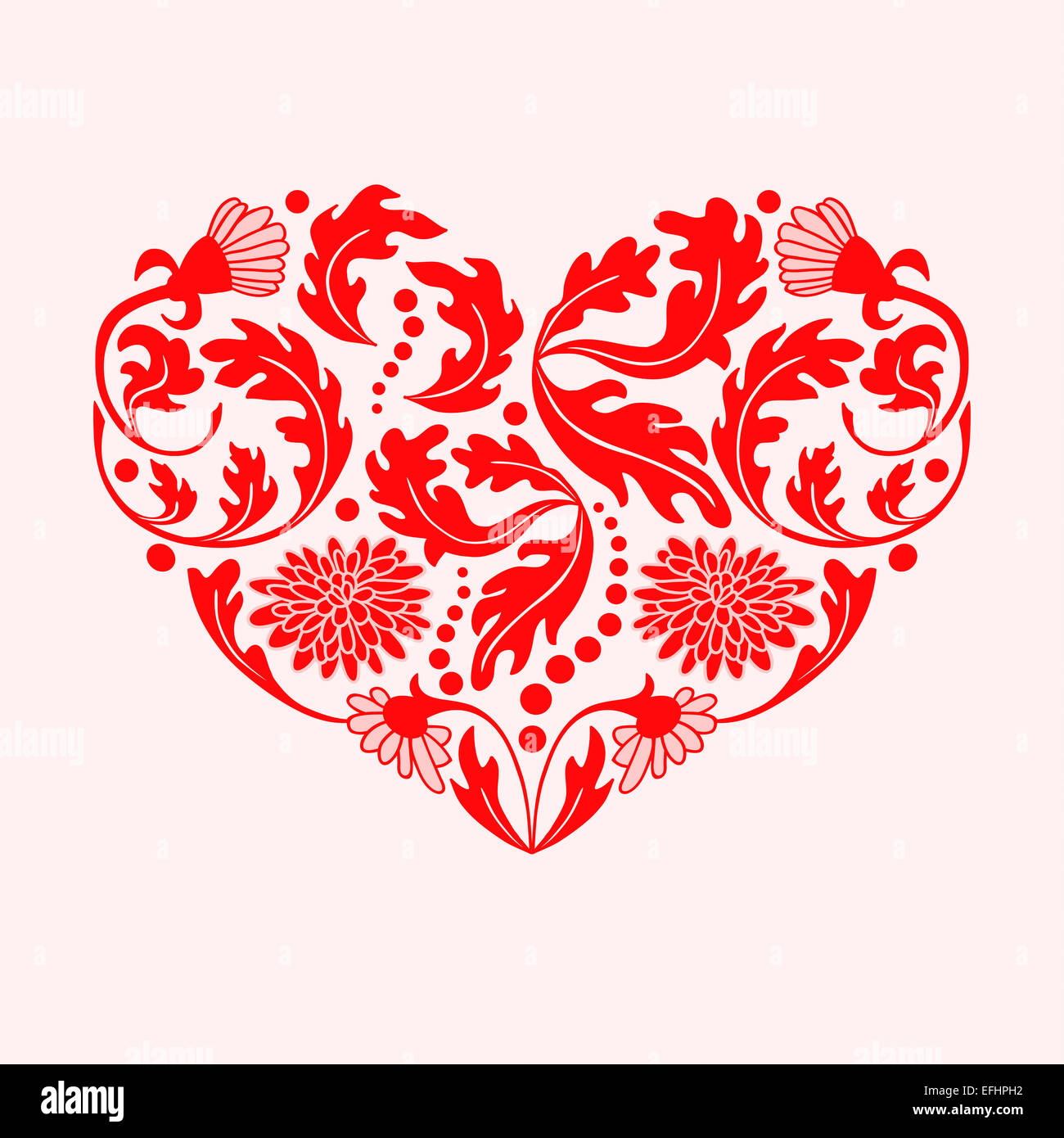 Hand drawn red floral items in a shape of heart on white background ...