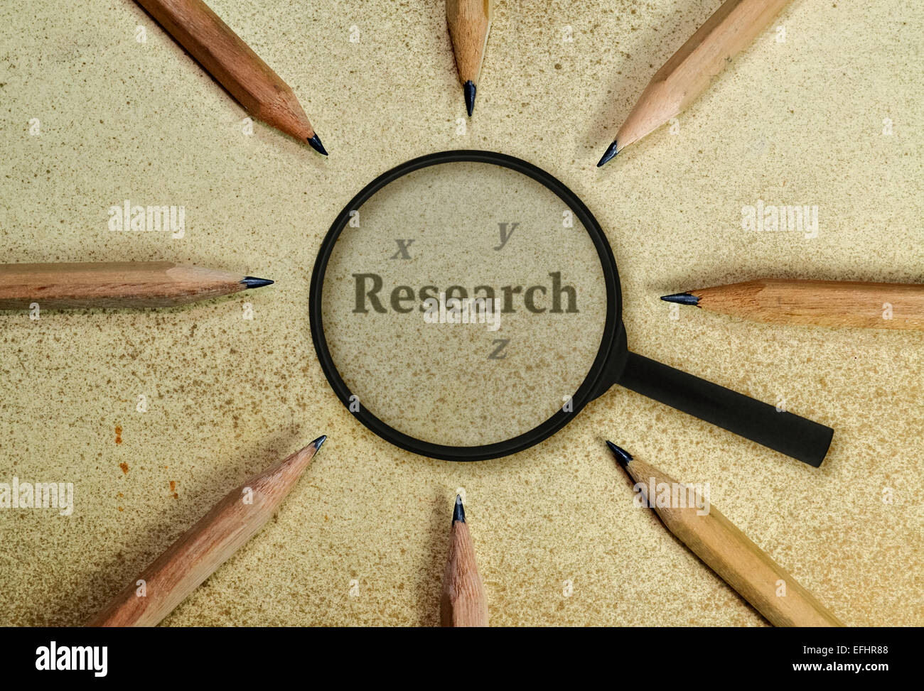 Word Research under a magnifying glass on vintage background Stock ...