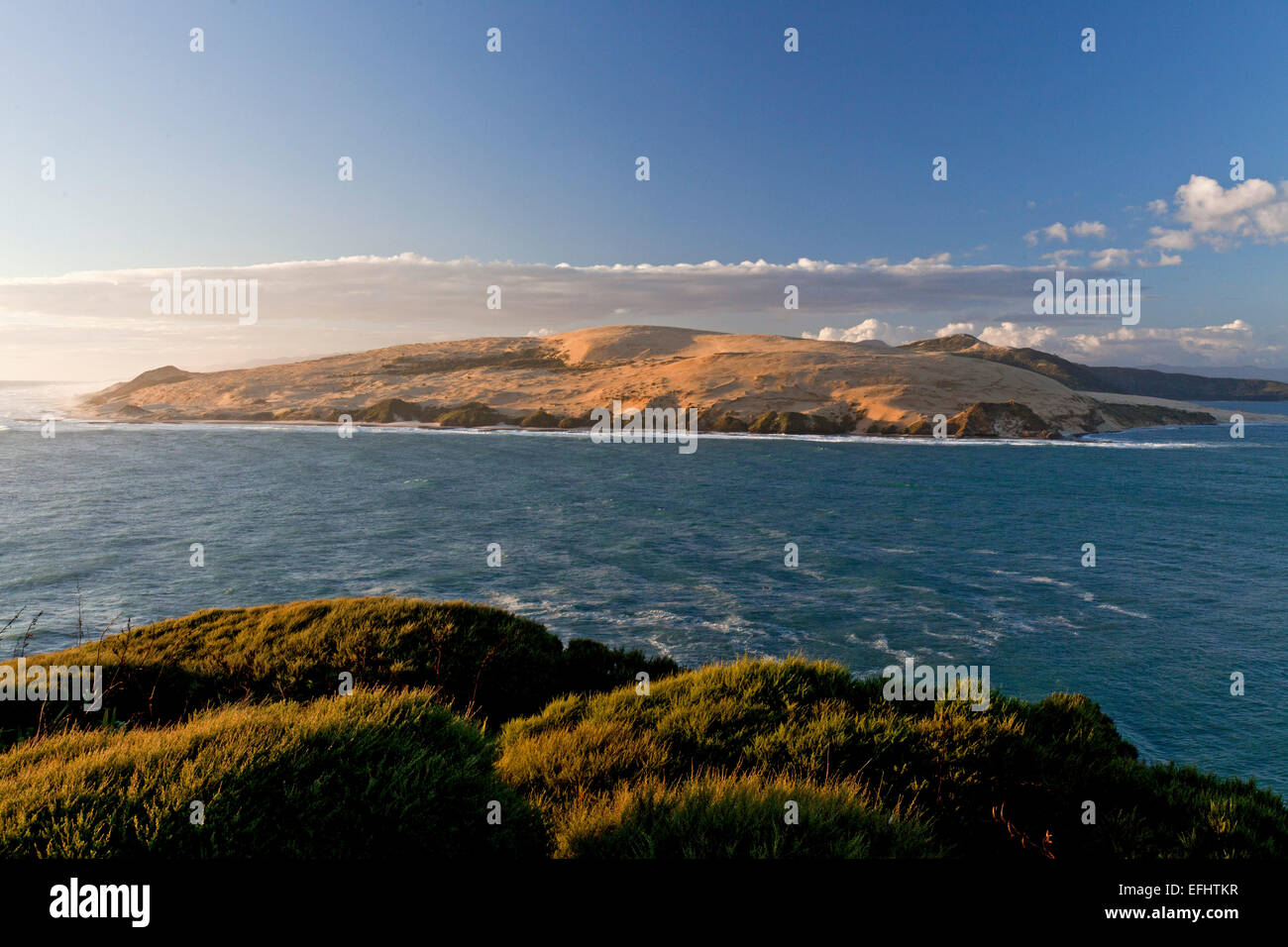 Hokianga Harbour with dangerous currents, wandering sand dunes on the ...