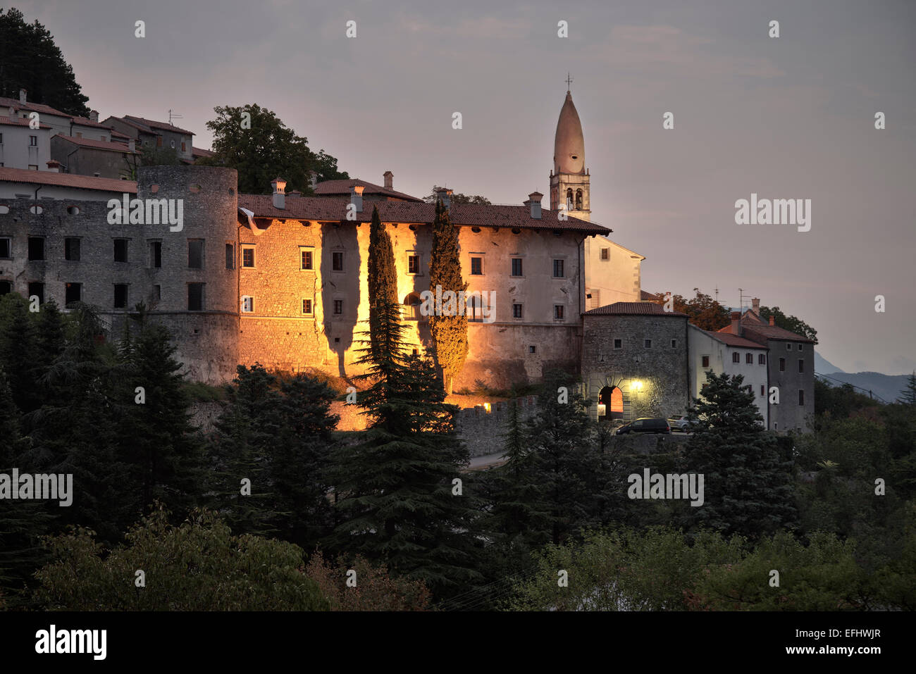 View of castle and church of Stanjel, medieval town, Notranjska ...