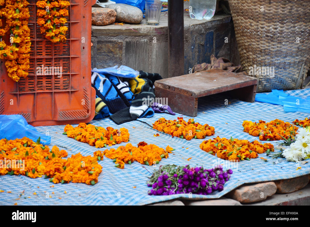 Garland for sale at Thamel market in Kathmandu Nepal Stock Photo - Alamy