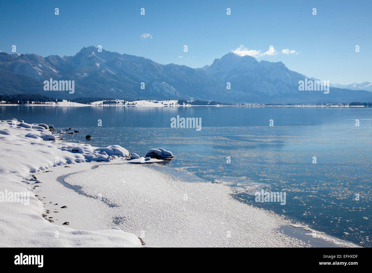 Lake Forggensee with view to the Allgaeu Alps with Tegelberg and ...