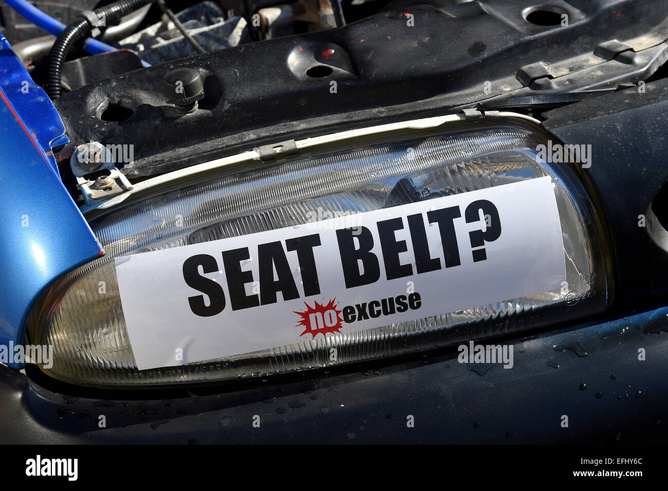 "Seat belt" No Excuse, warning sticker on a police display vehicle, UK ...