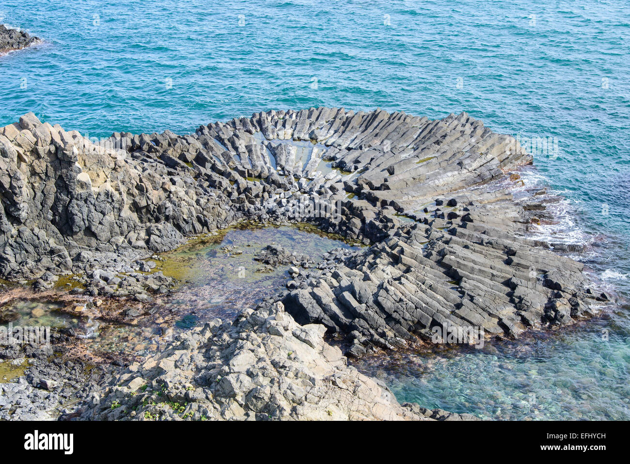 Yangnam columnar joint is famous for the lied or fan shape. This is the ...