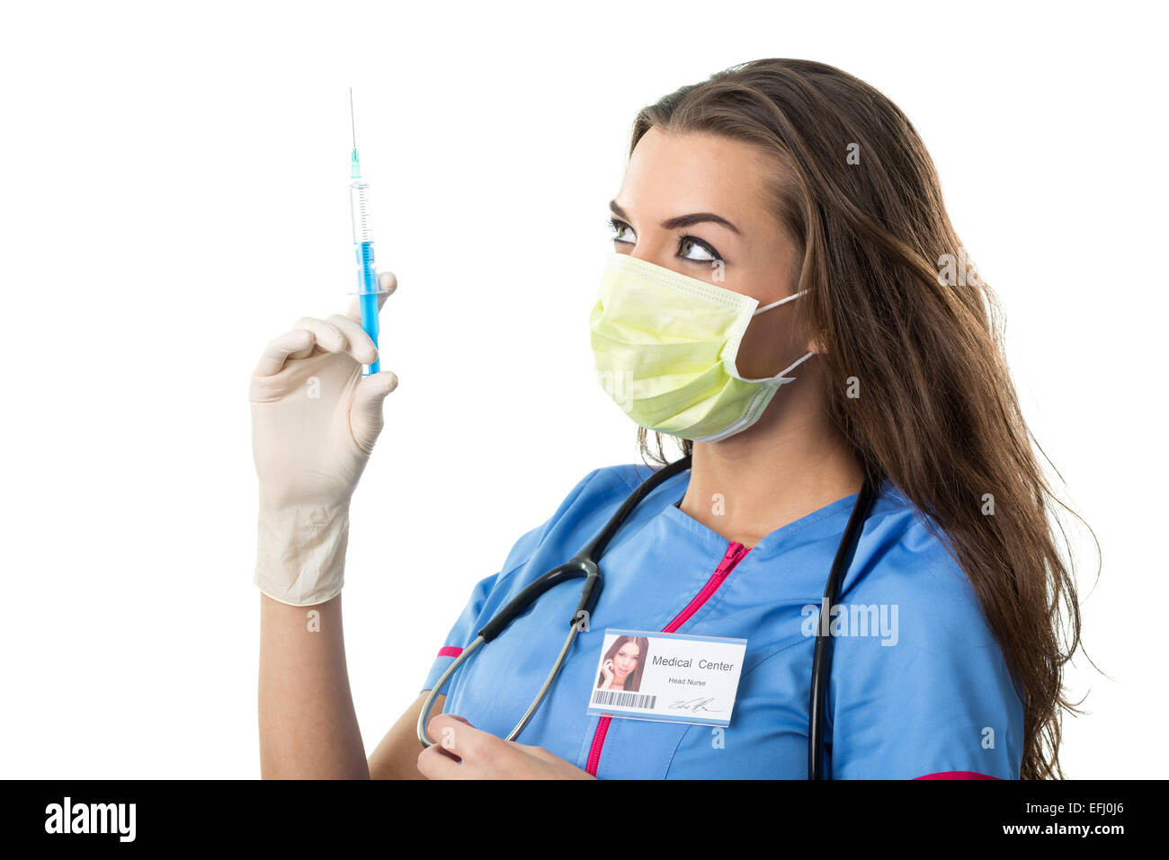 Young pretty nurse in mask mouth with injection, detail photo Stock ...