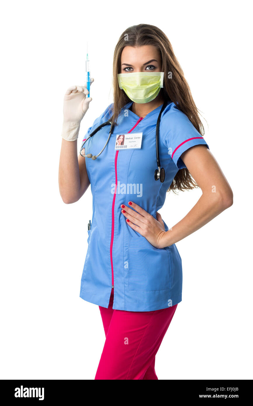 Young pretty nurse in mask mouth with injection, detail photo Stock ...