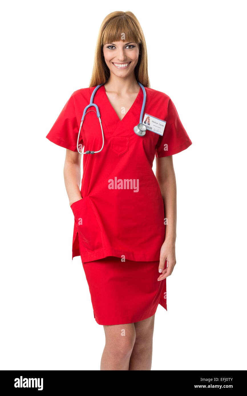 Pretty nurse in red working clothes Stock Photo - Alamy