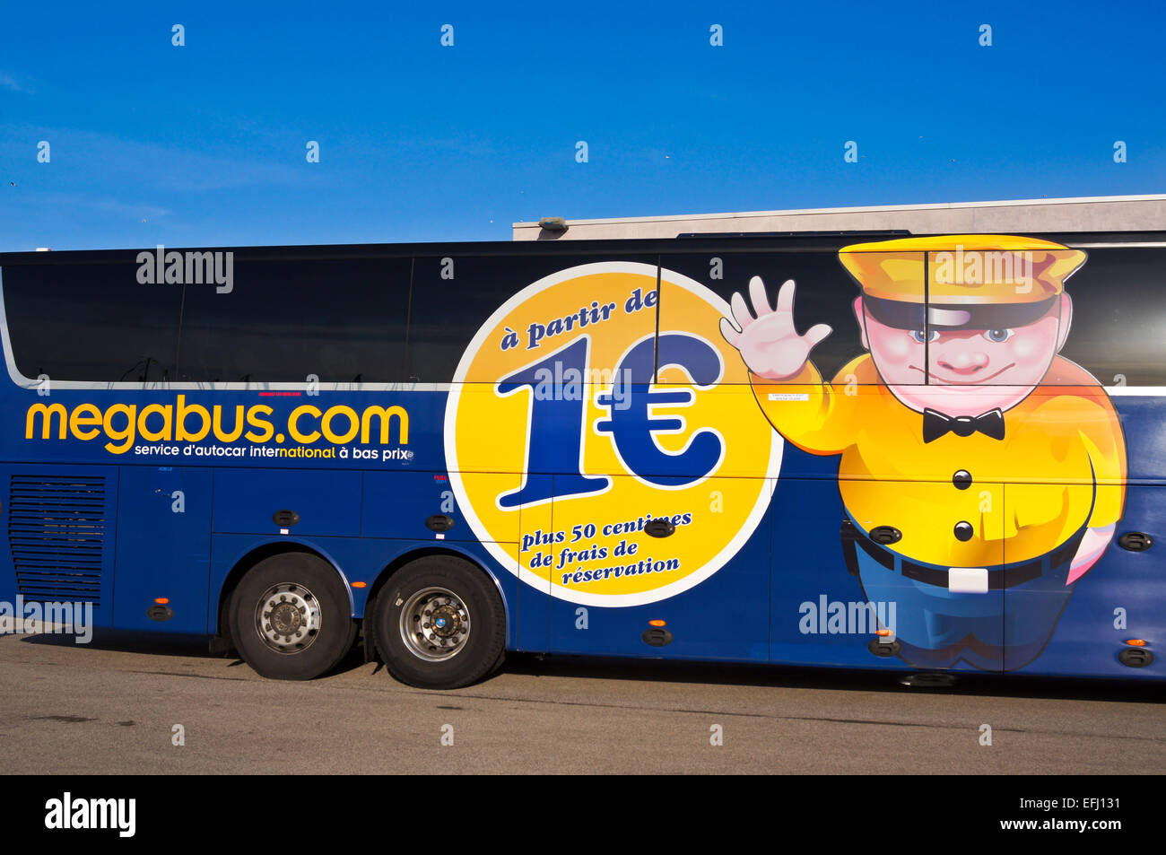Posters advertising €1 fares on a Megabus coach at Boulogne-sur mer ...