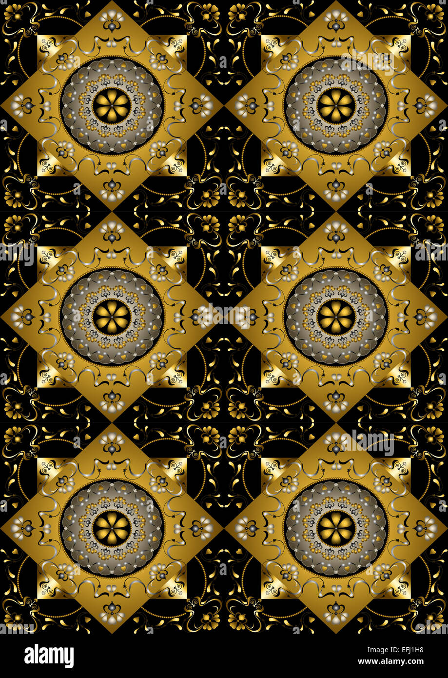 Black background of gold rhombus with gold flowers Stock Photo - Alamy