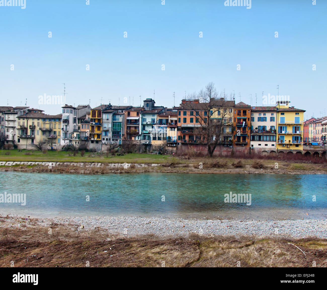 Parma river with typical city houses and bridge in winter day Stock ...