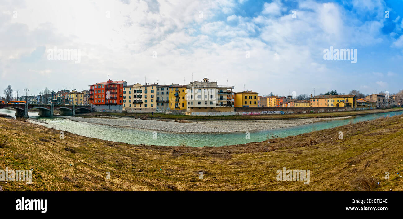 Parma river with typical city houses and bridge in winter day Stock ...
