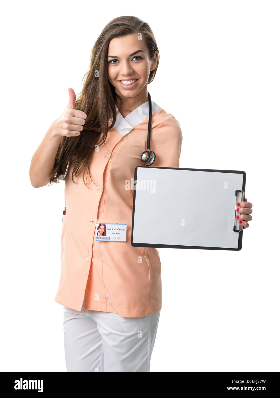 Beautiful nurse holding a folder, showing success Stock Photo - Alamy