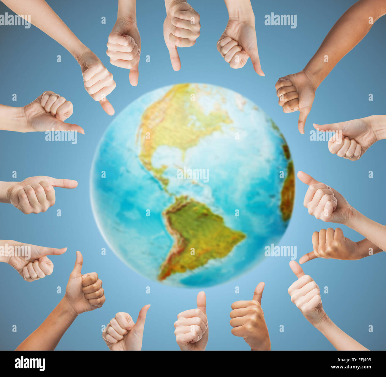 human hands showing thumbs up in circle over earth Stock Photo - Alamy