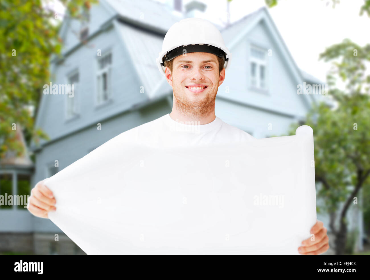 male builder or architect in helmet with blueprint Stock Photo - Alamy