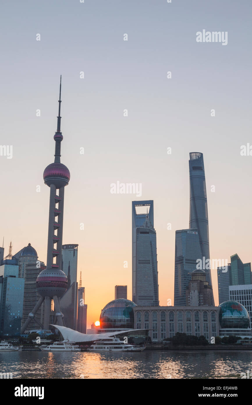 China, Shanghai, Pudong Skyline and Huangpu River at Sunrise Stock ...