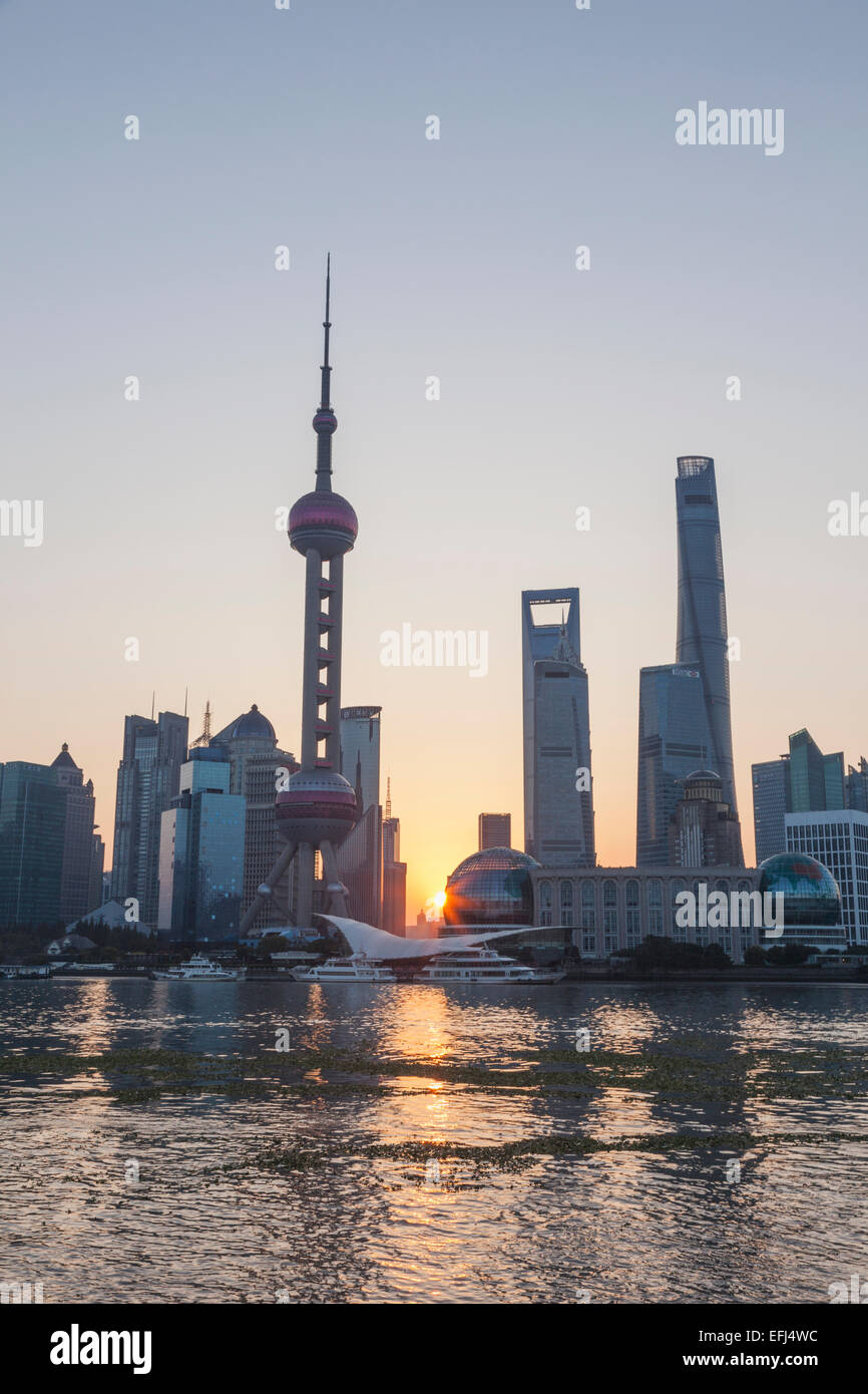China, Shanghai, Pudong Skyline and Huangpu River at Sunrise Stock ...