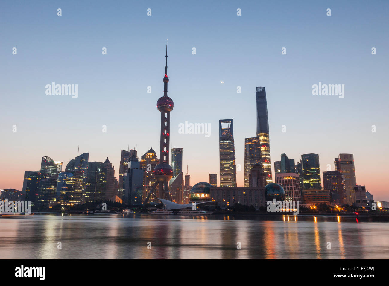 China, Shanghai, Pudong Skyline and Huangpu River at Sunrise Stock ...