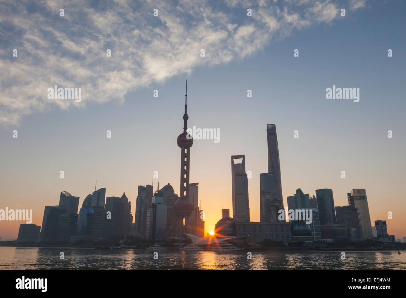 China, Shanghai, Pudong Skyline and Huangpu River at Sunrise Stock ...