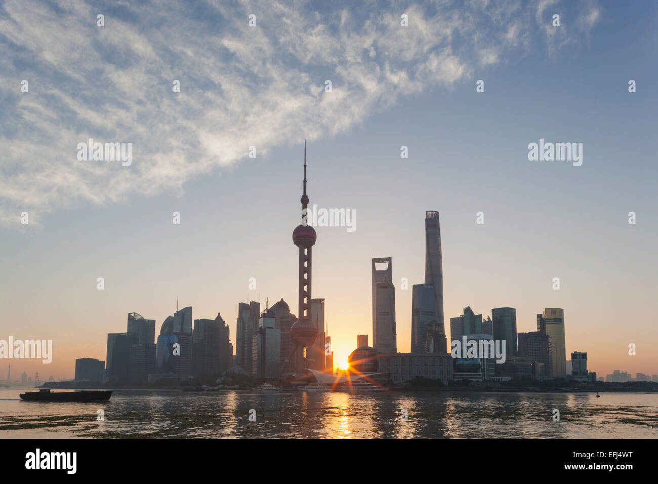 China, Shanghai, Pudong Skyline and Huangpu River at Sunrise Stock ...