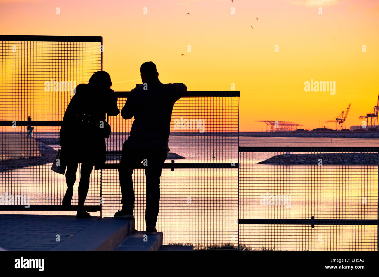 Couple contemplating the sea at sunset Stock Photo - Alamy