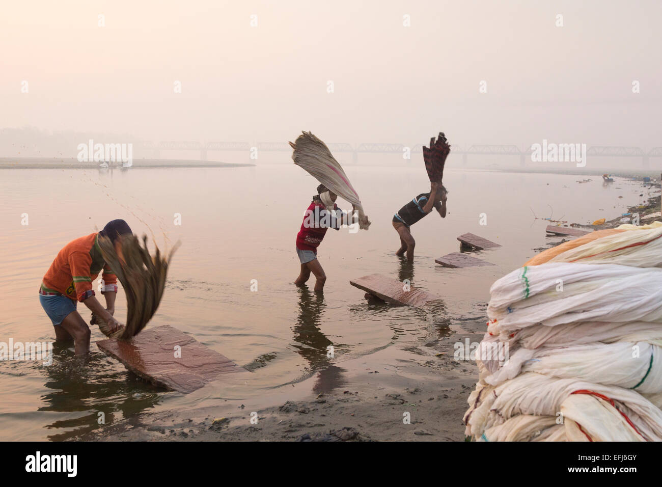 India, Uttar Pradesh, Agra, Dhobi-wallahs at sunrise on Yamuna River ...