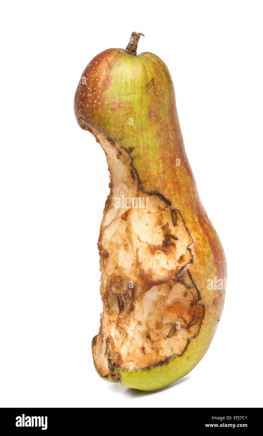 bitten spoil pear. white background Stock Photo - Alamy