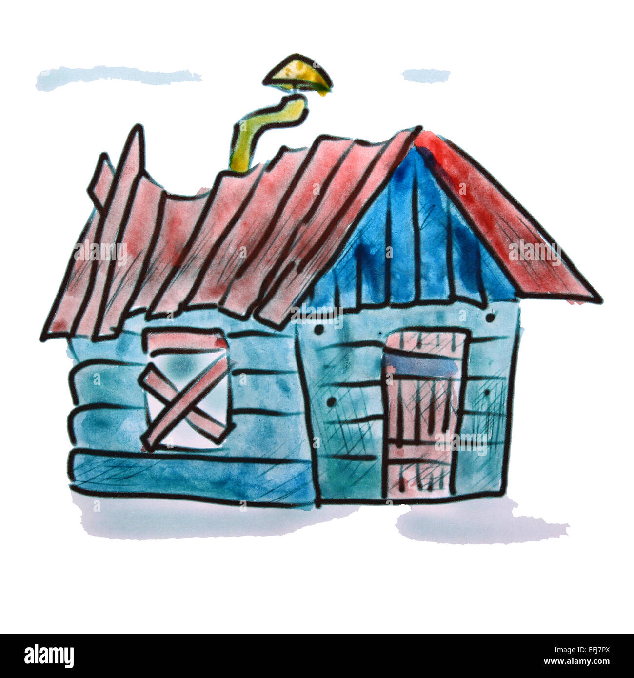 waterwatercolor house pipe red blue cartoon figure, isolated on white ...