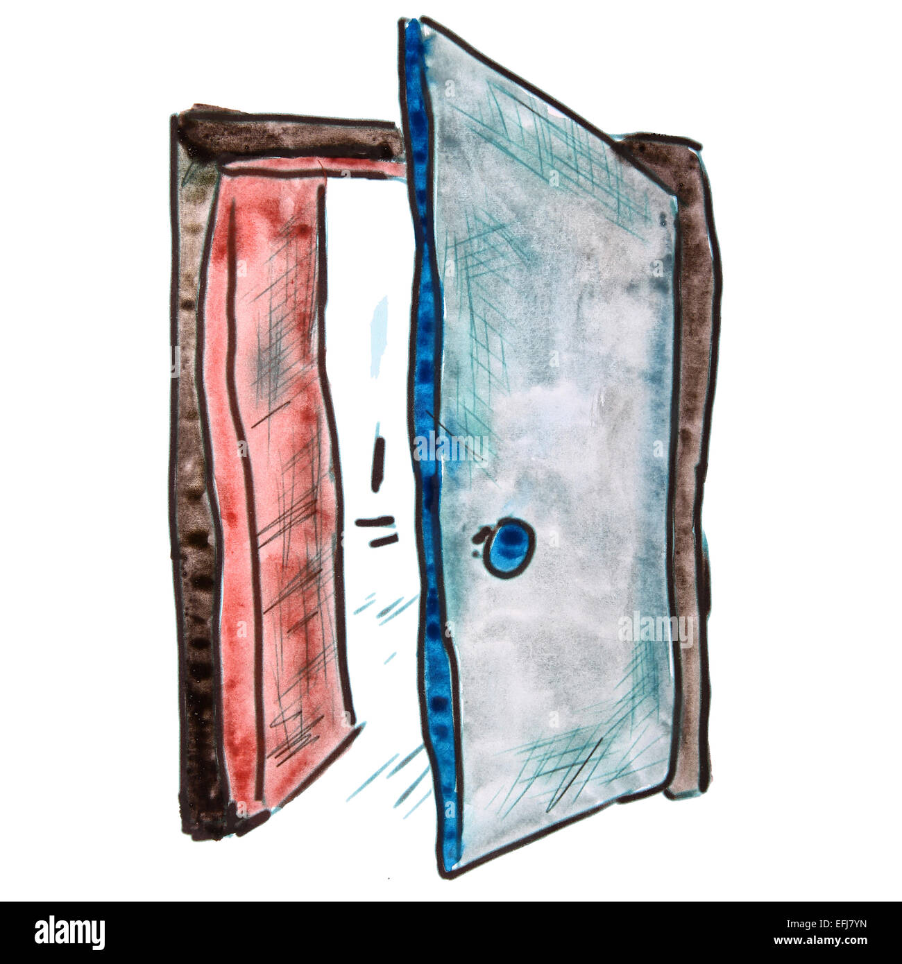 watercolor door light blue cartoon figure, isolated white background ...