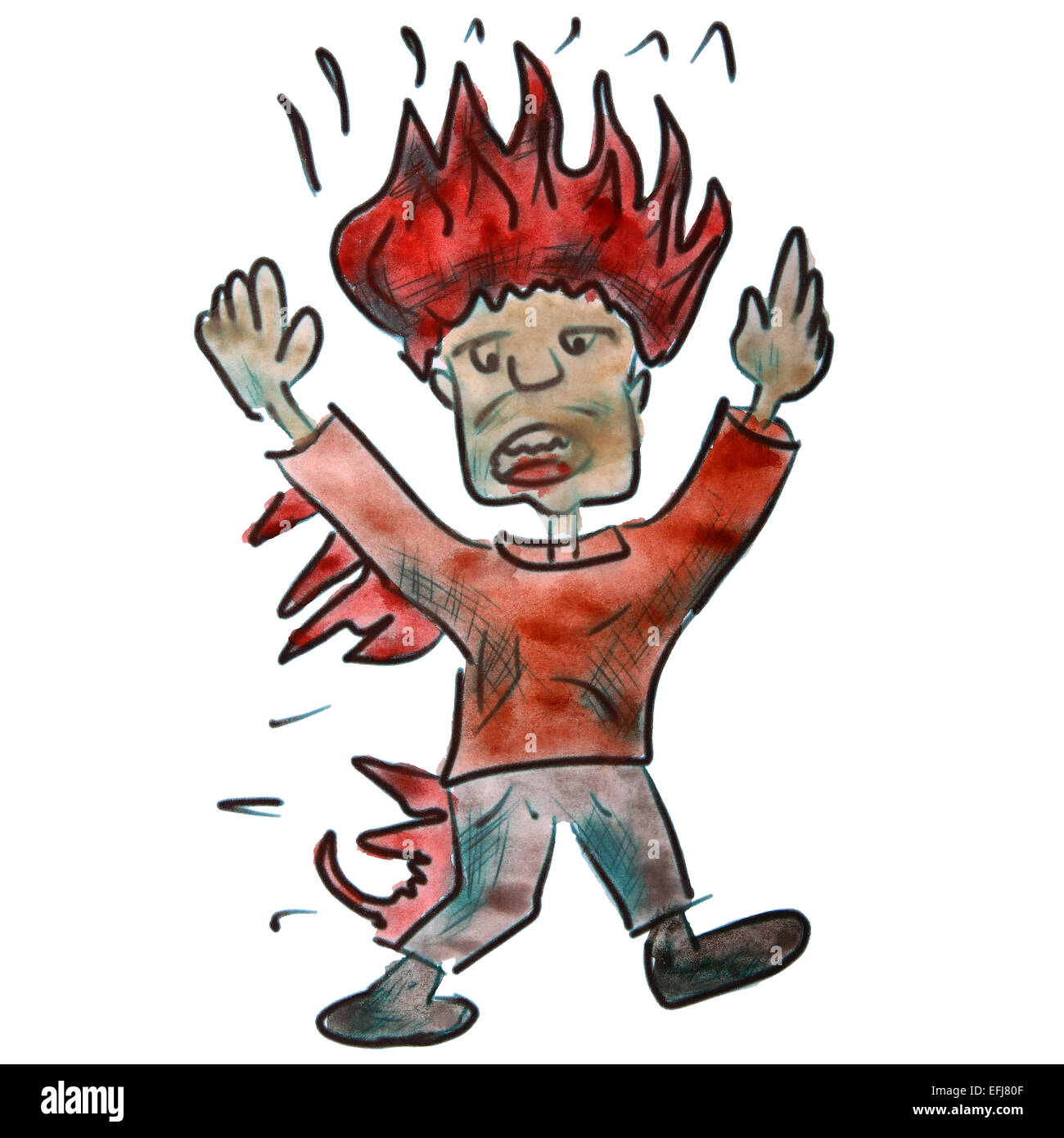 watercolor man fire red cartoon figure, isolated white background Stock ...