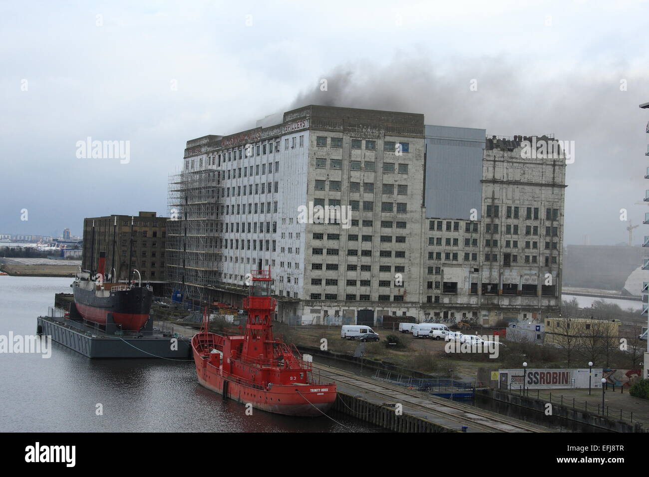 London, UK. 05th Feb, 2015. Millennium Mills, Cannning Town fire sees 8 ...
