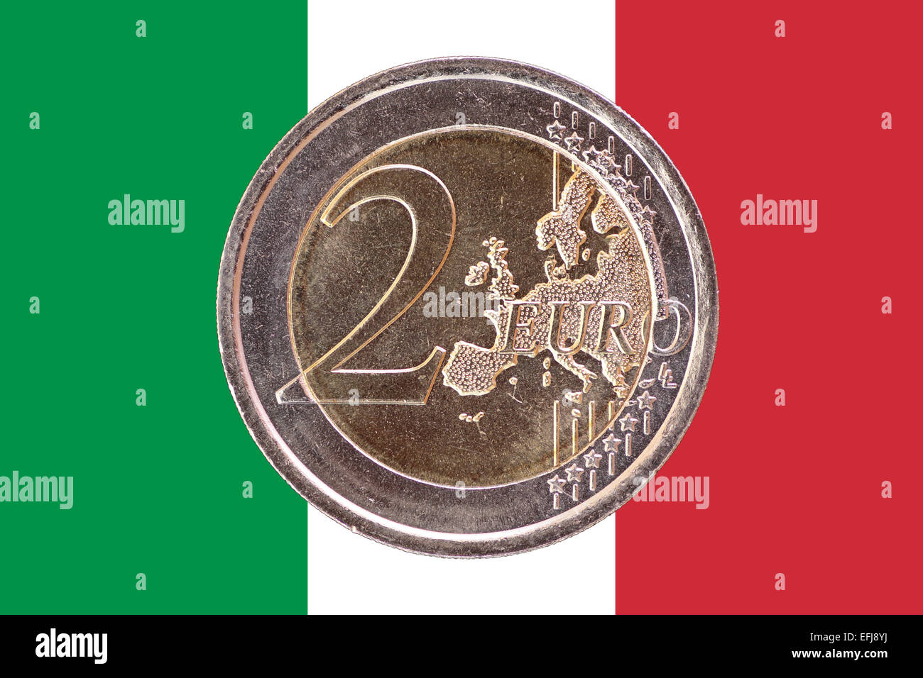 Common face of two euros coin isolated on the national flag of Italy as ...