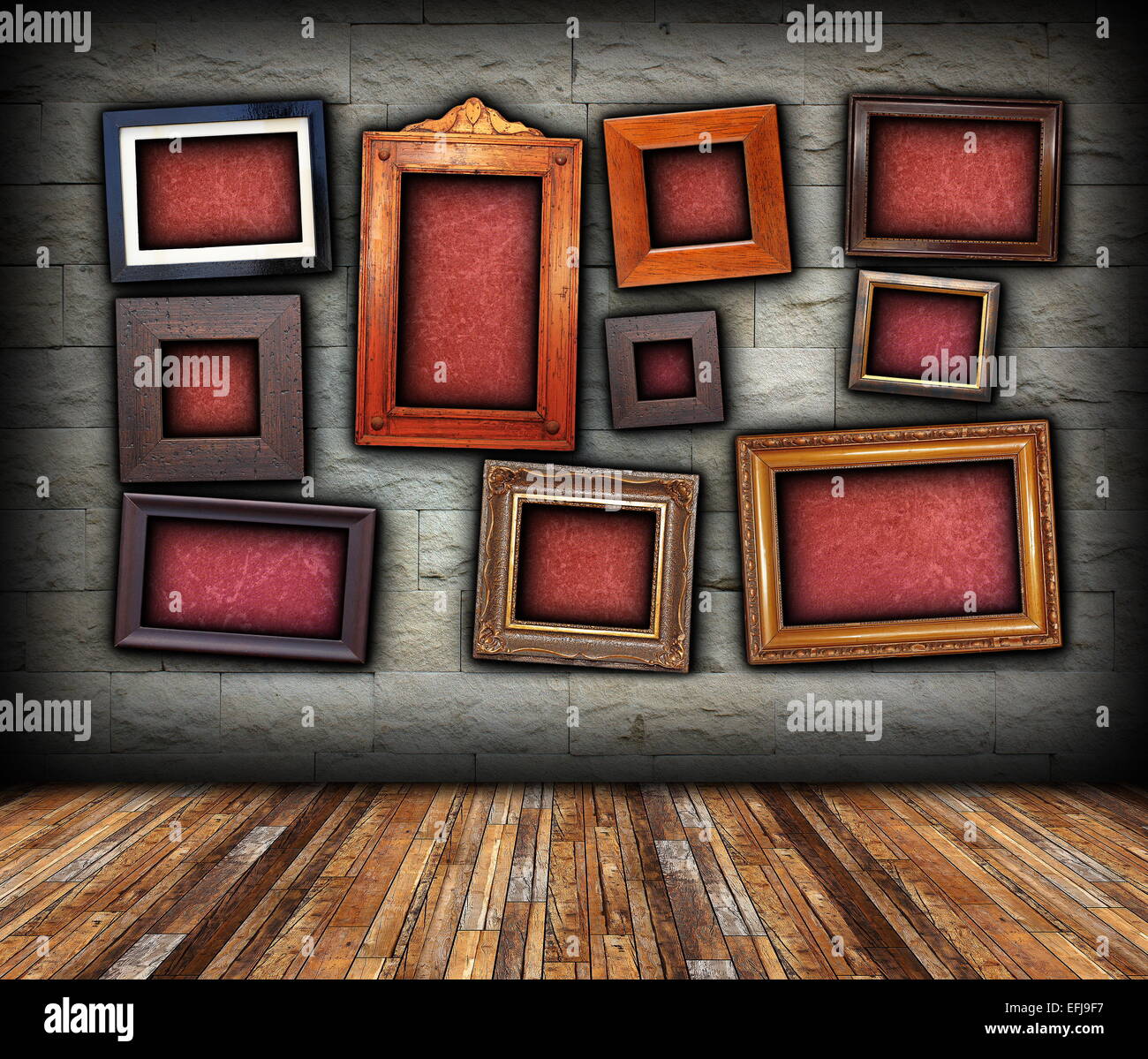architectural backdrop with frames on stone wall and place for your ...