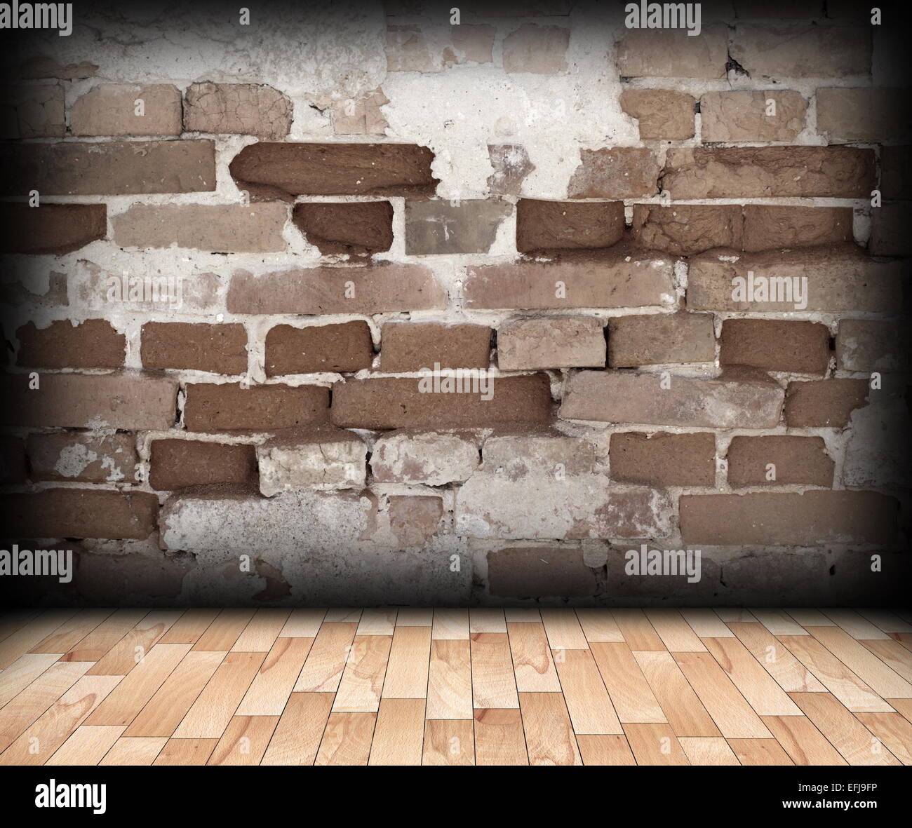 cracked brick wall and wooden floor on interior backdrop Stock Photo ...