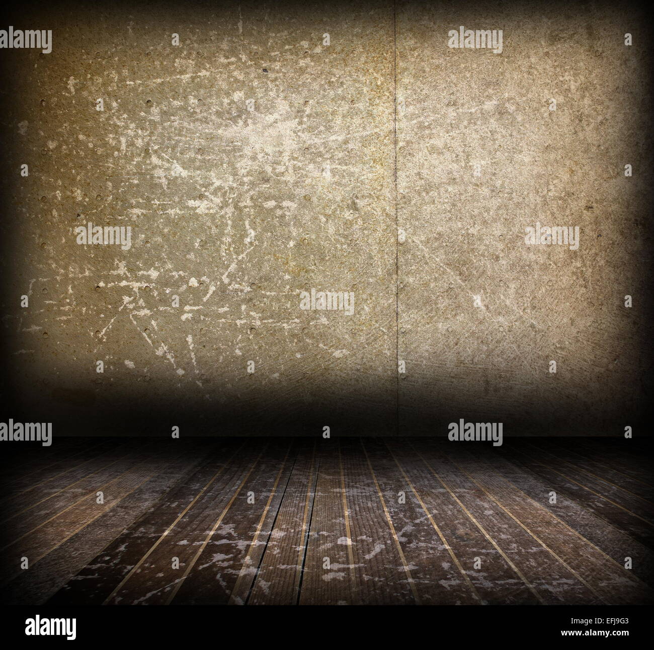 distressed interior backdrop with wood floor and grungy wall, abstract ...