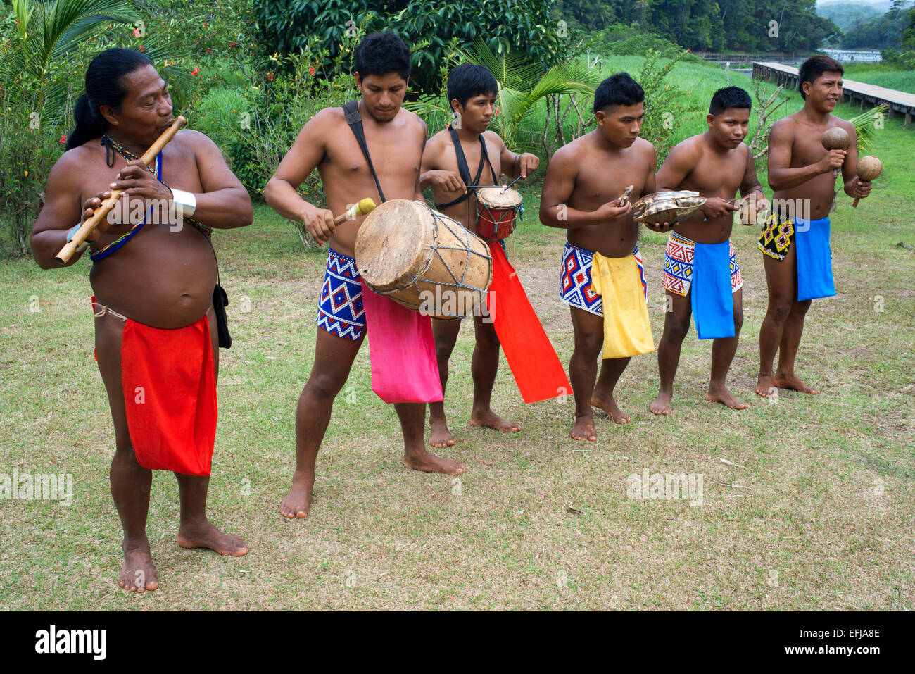 Music and dancing in the village of the Native Indian Embera Tribe ...