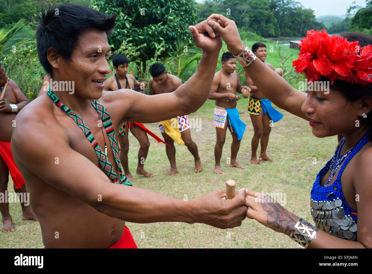 Music and dancing in the village of the Native Indian Embera Tribe ...