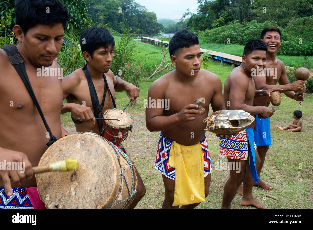 Music and dancing in the village of the Native Indian Embera Tribe ...
