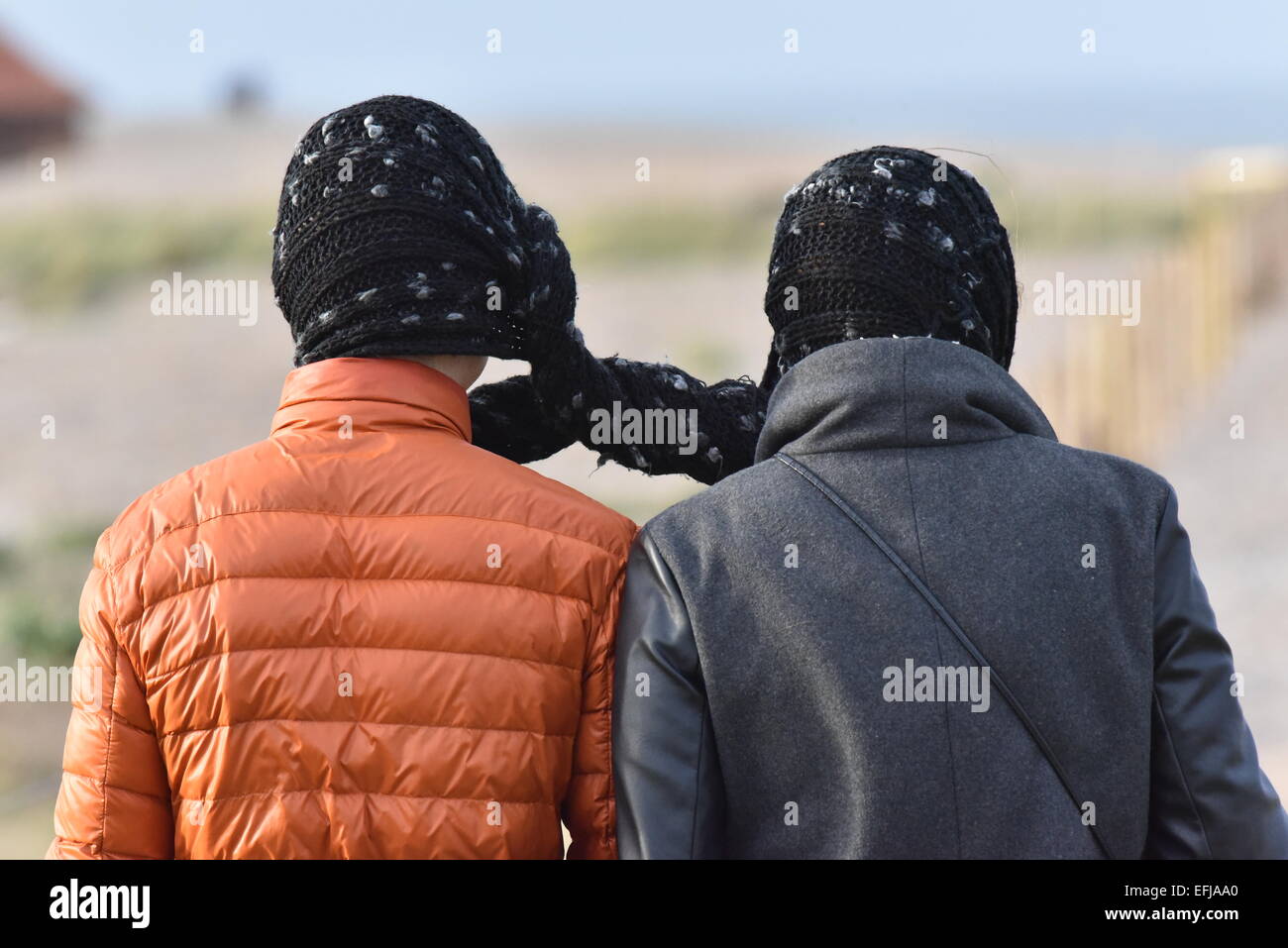 Couple sharing scarf on cold day Stock Photo - Alamy