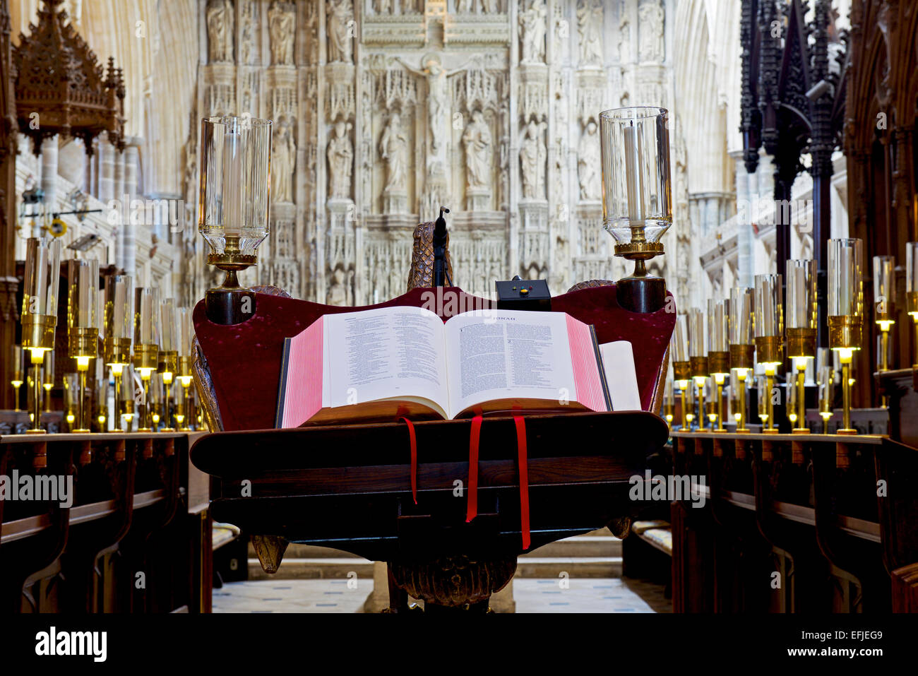 Bible on lectern in Winchester Cathedral, Hampshire, England UK Stock ...