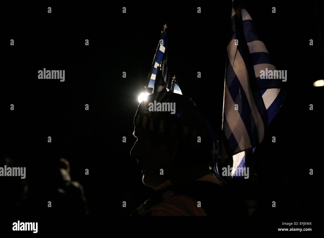 Thessaloniki, Greece. 5th February, 2015. A man wears Greek Nation ...