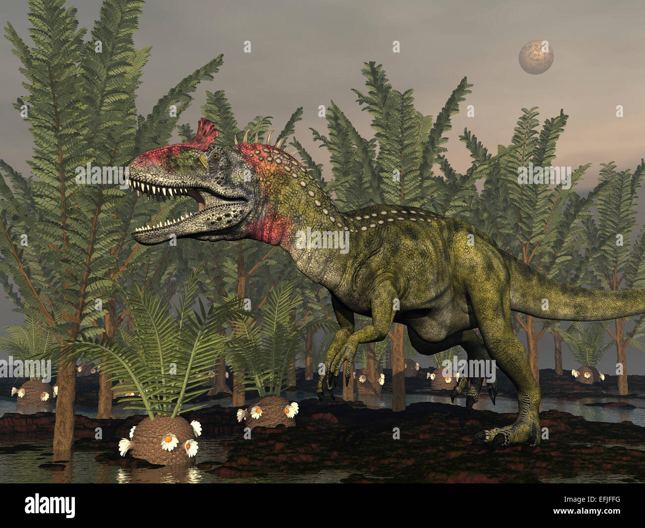 Cryolophosaurus dinosaur walking amongst pachypteris trees and ...