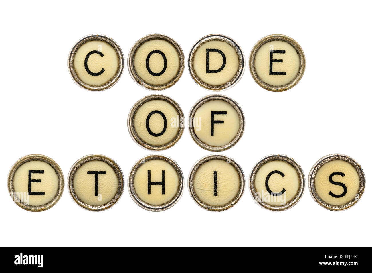 code of ethics text in old round typewriter keys isolated on white ...