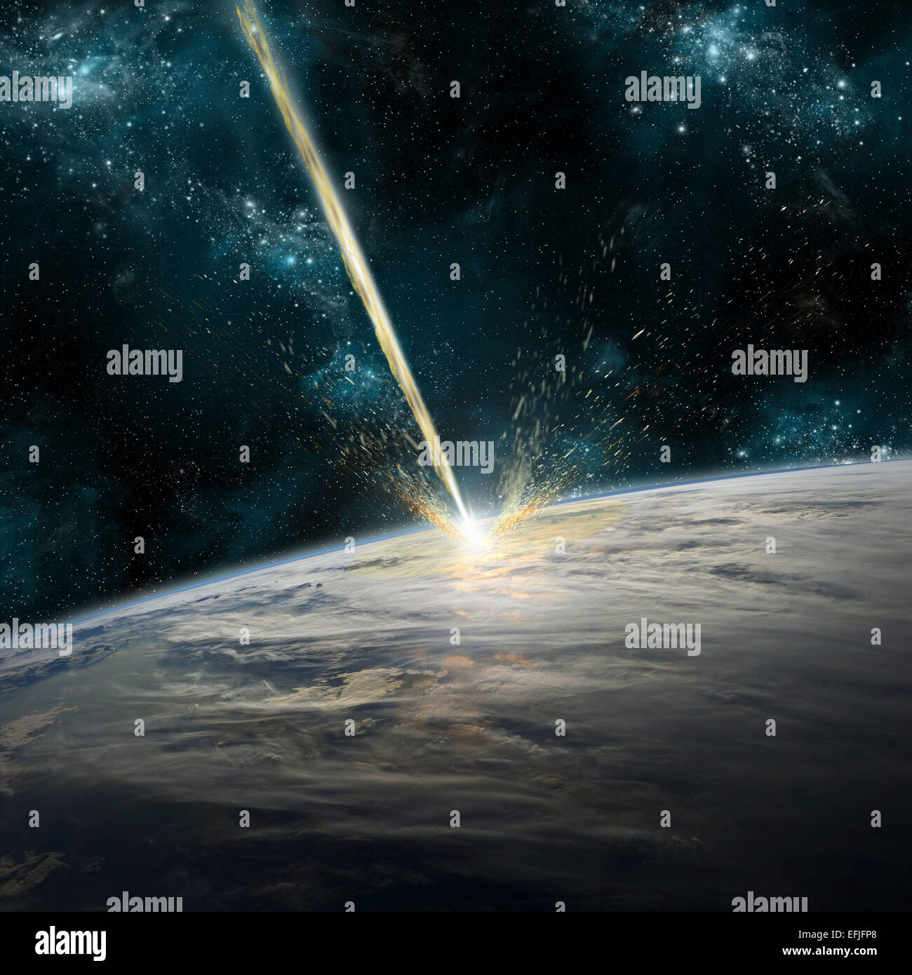 A meteor strikes Earth. Clouds cover an ocean area of the planet ...