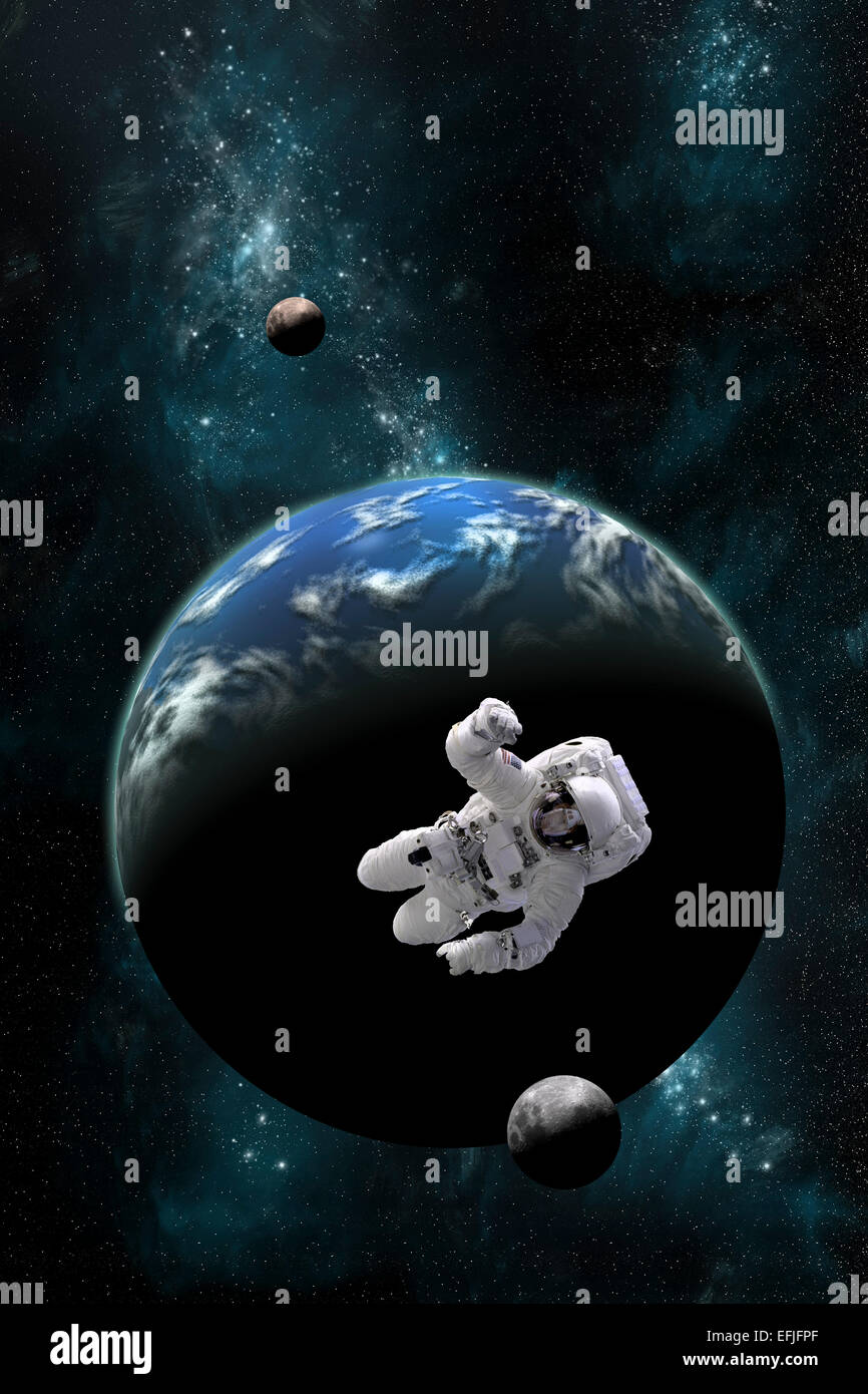 An astronaut floating in front of a water covered world with two moons ...
