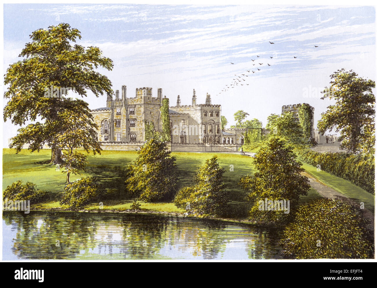 A coloured illustration of Ripley Castle, Yorkshire UK scanned at high ...