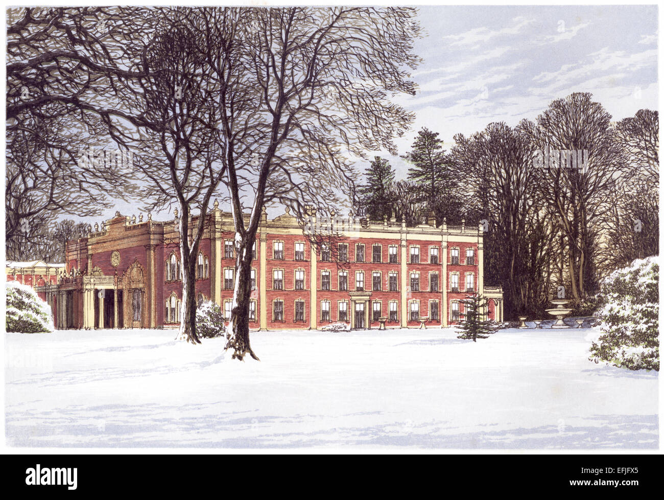 A coloured illustration of Cranbury House, Hampshire UK scanned at high ...