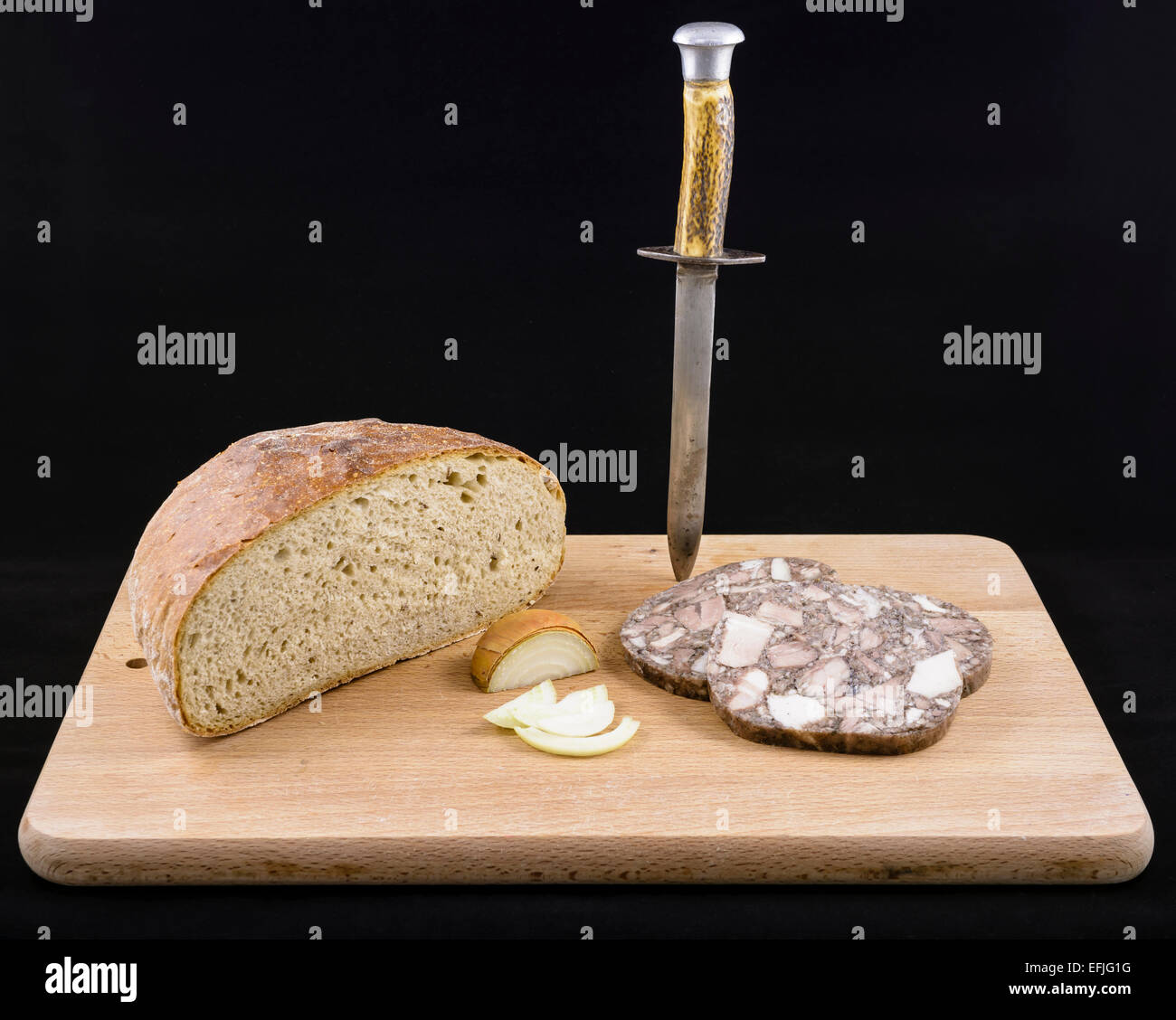 Retro pork brawn, rye bread and onion food menu with vintage dagger and ...