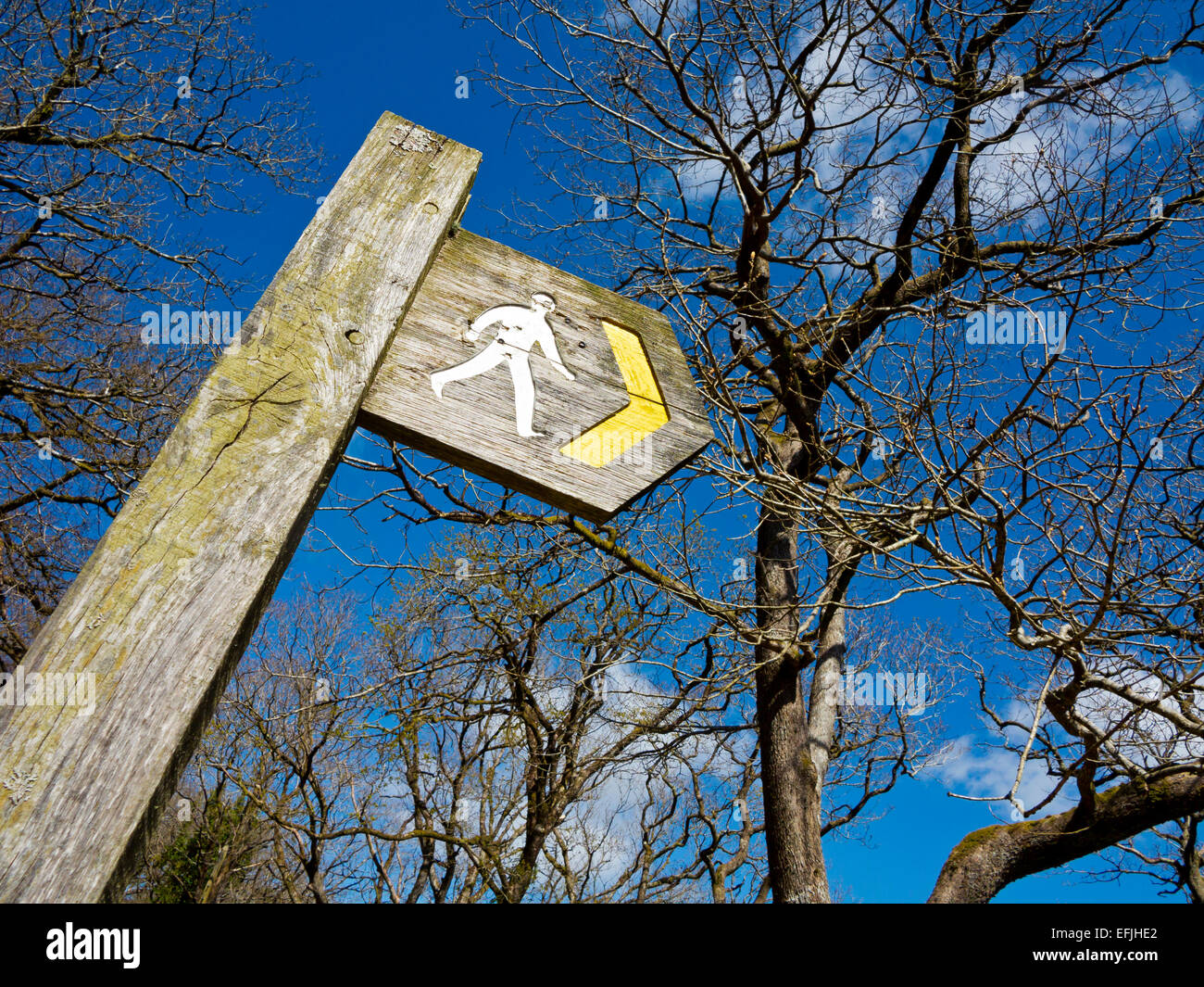 Wooden public footpath sign showing man walking and direction arrow ...