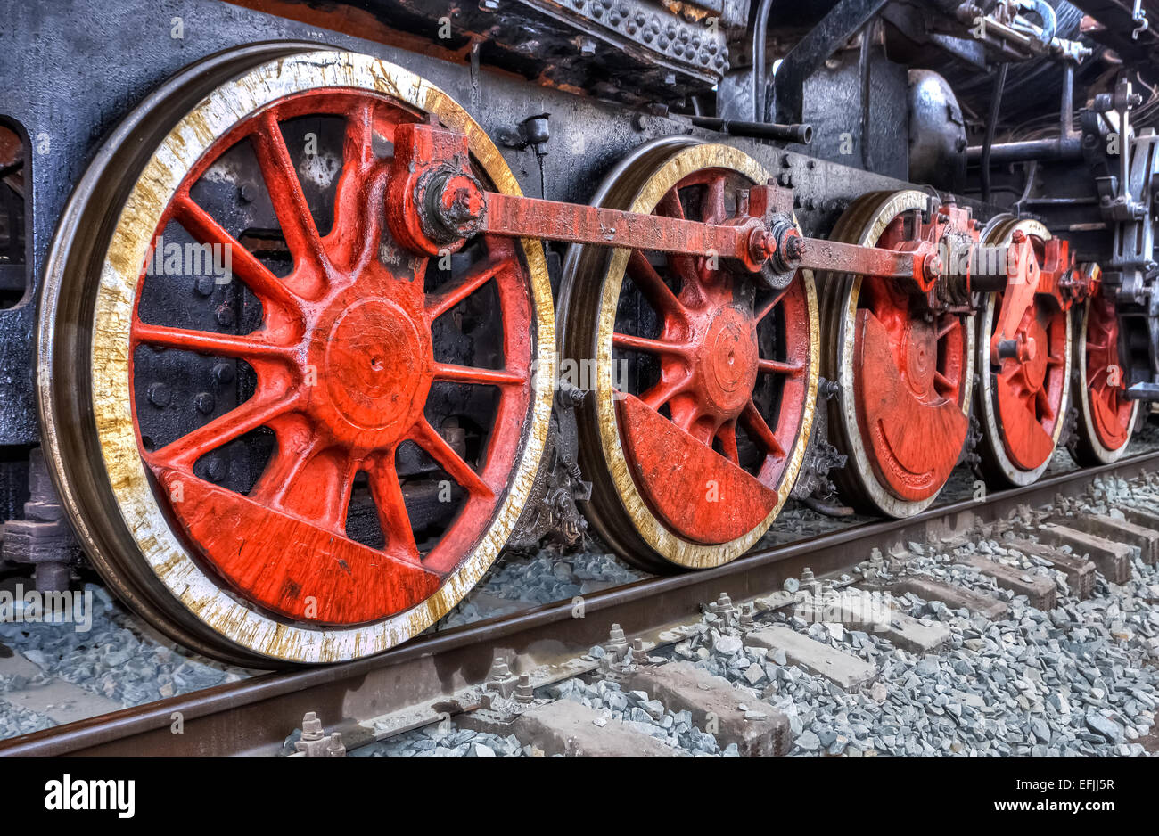 Old steam locomotive engine wheel and rods details Stock Photo - Alamy